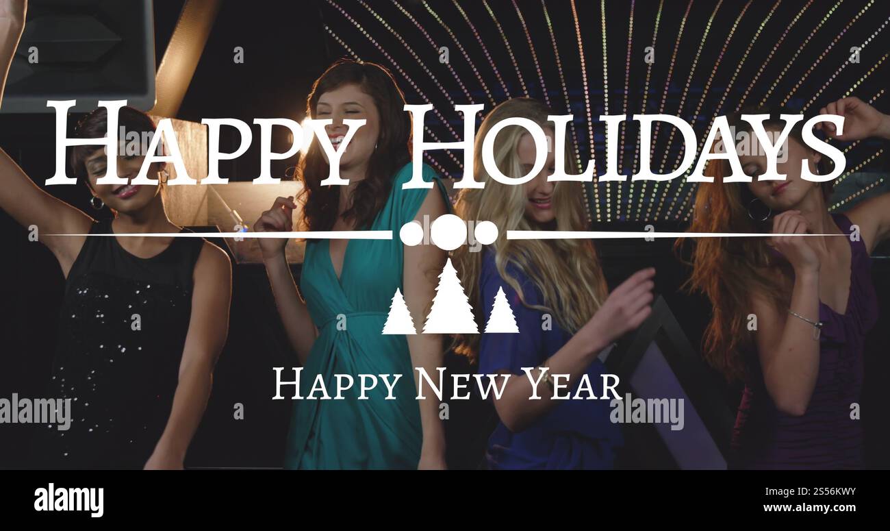 Image of happy holidays and new year text over happy cauicasian women ...