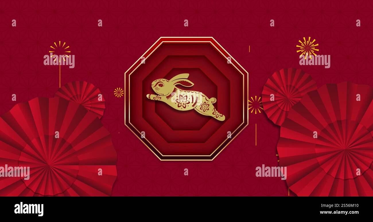 Image of chinese traditional decorations with rabbit on red background ...