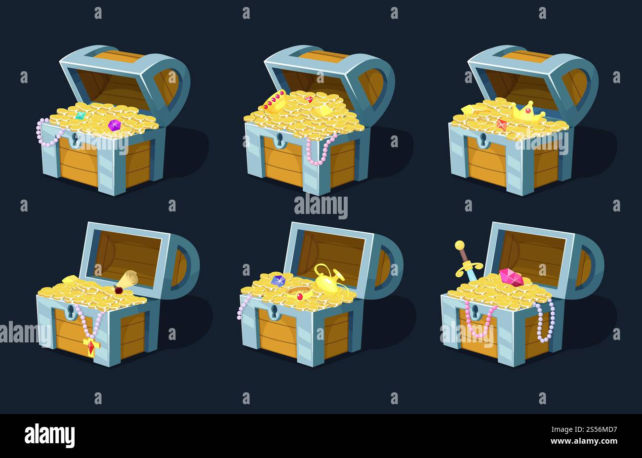 Vector illustration of cartoon chest with treasure. Wood box with ...