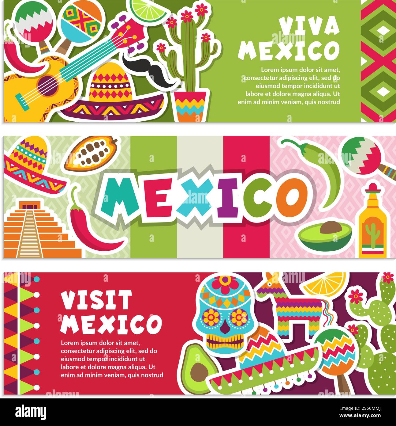 Horizontal banners with Mexican symbols. Viva mexico, visit to mexican ...