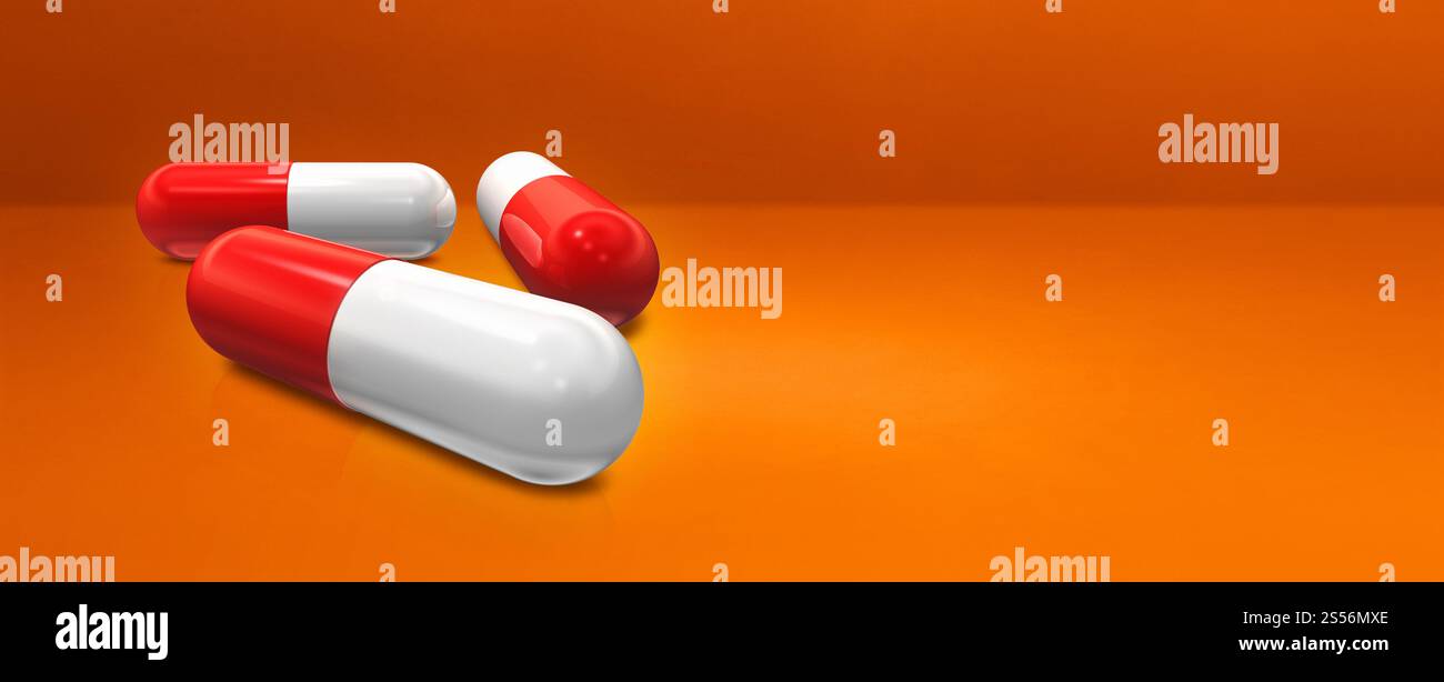 Capsule pill isolated on a orange studio banner. 3D illustration ...