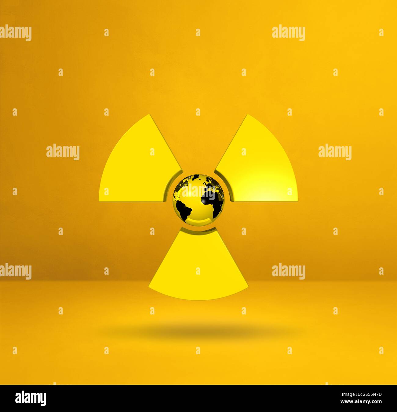 World map on Radioactive symbol. Yellow studio background. 3D ...
