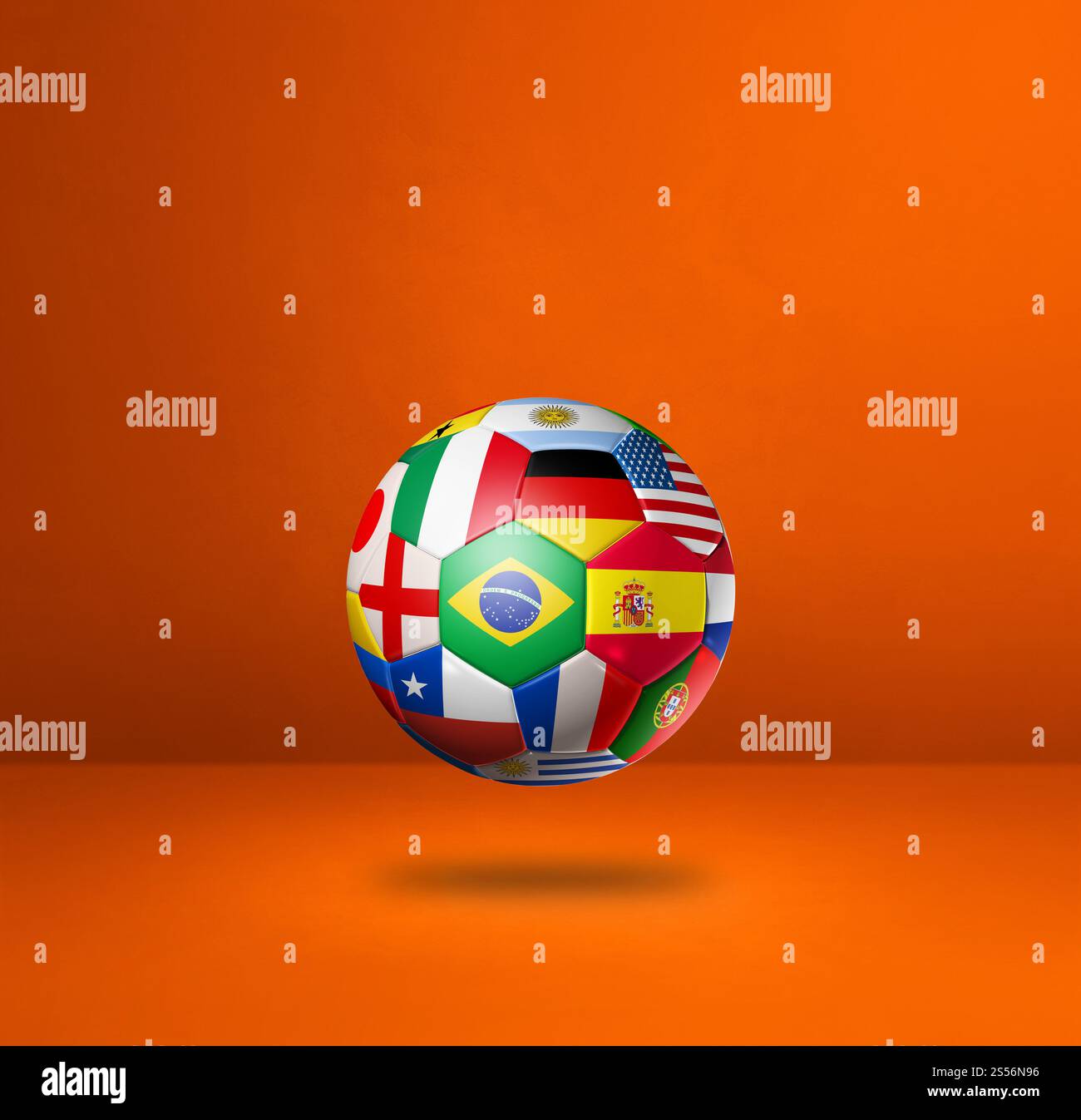 Football soccer ball with national flags isolated on a orange studio ...