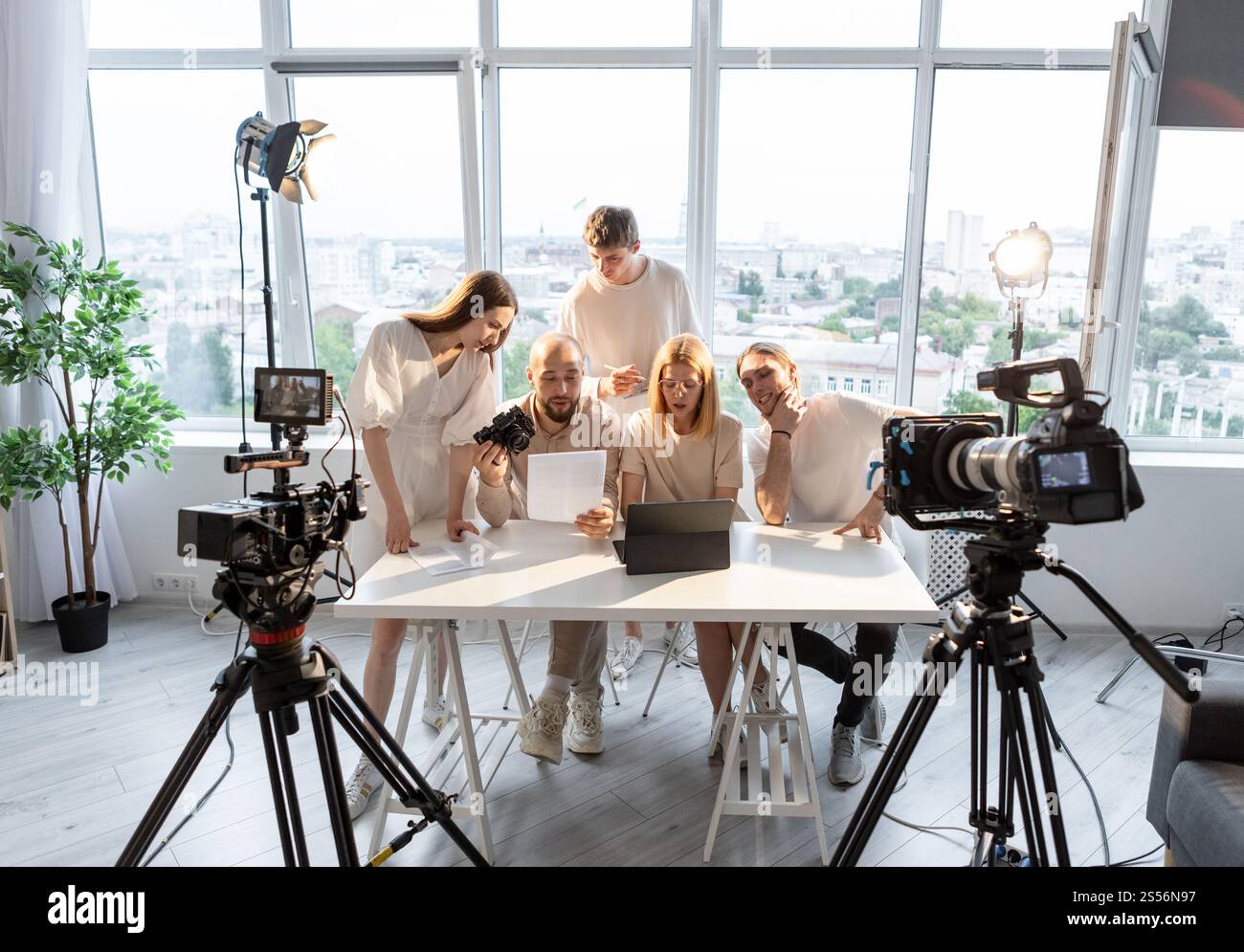 Filming crew. Studio team. Diverse group people emotional preparing ...