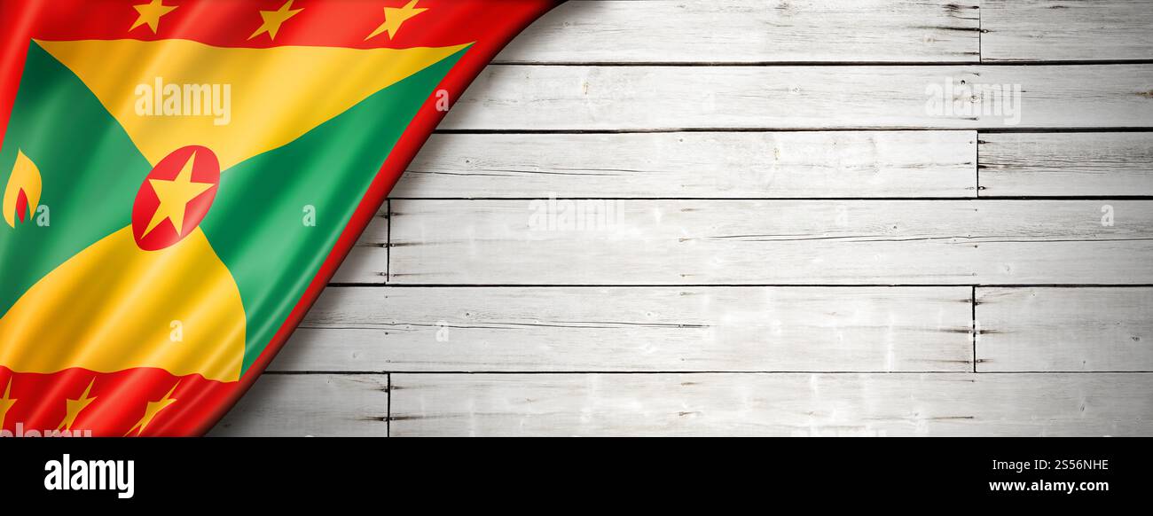 Grenada flag on old white wall. Horizontal panoramic banner. Grenada ...
