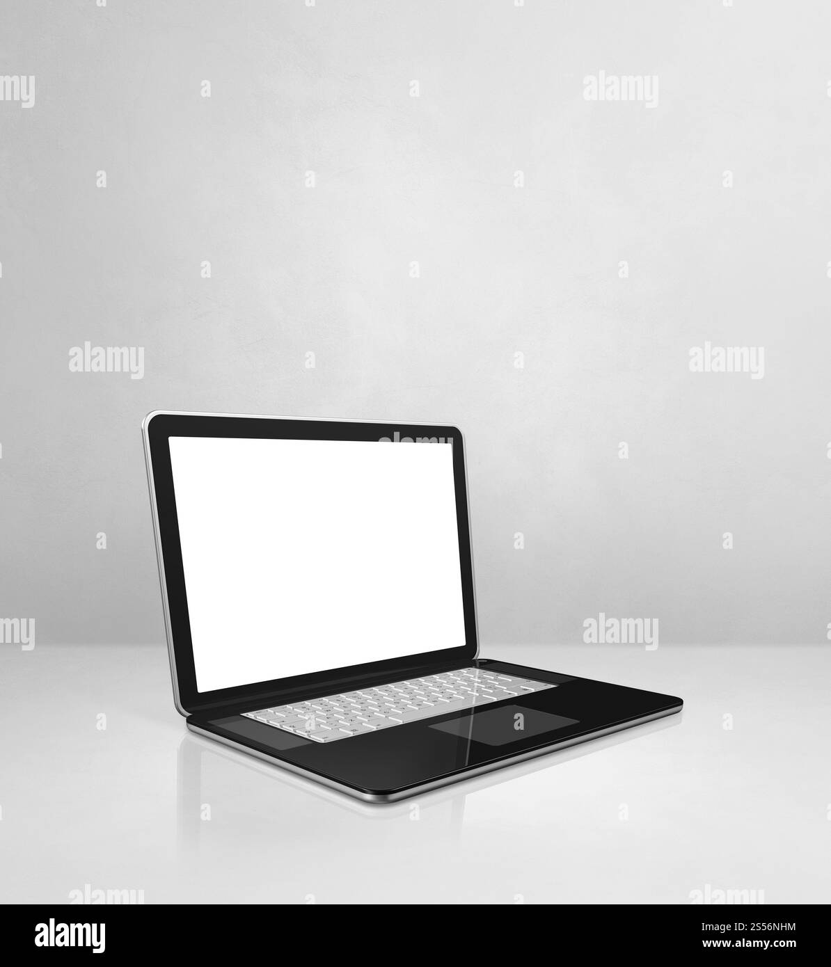 Laptop computer on white concrete office scene background. 3D ...