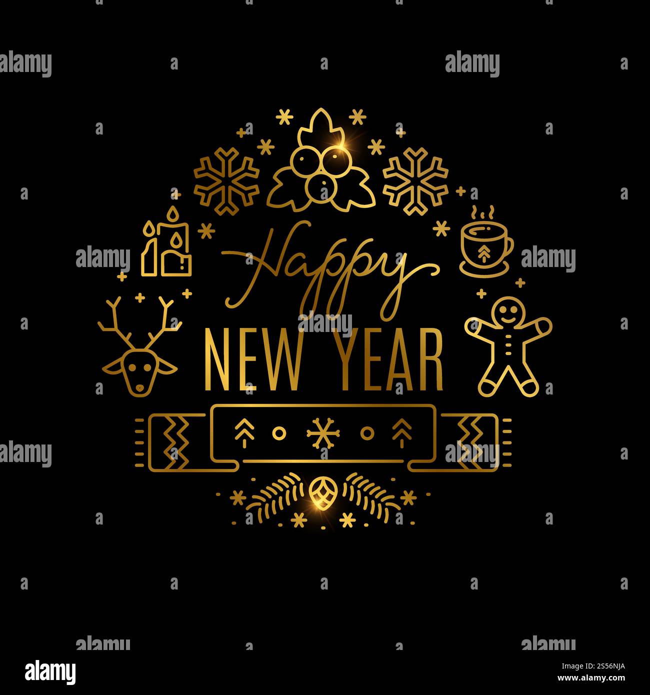 Gold New Year vector banner with line icons. New year badge in linear ...