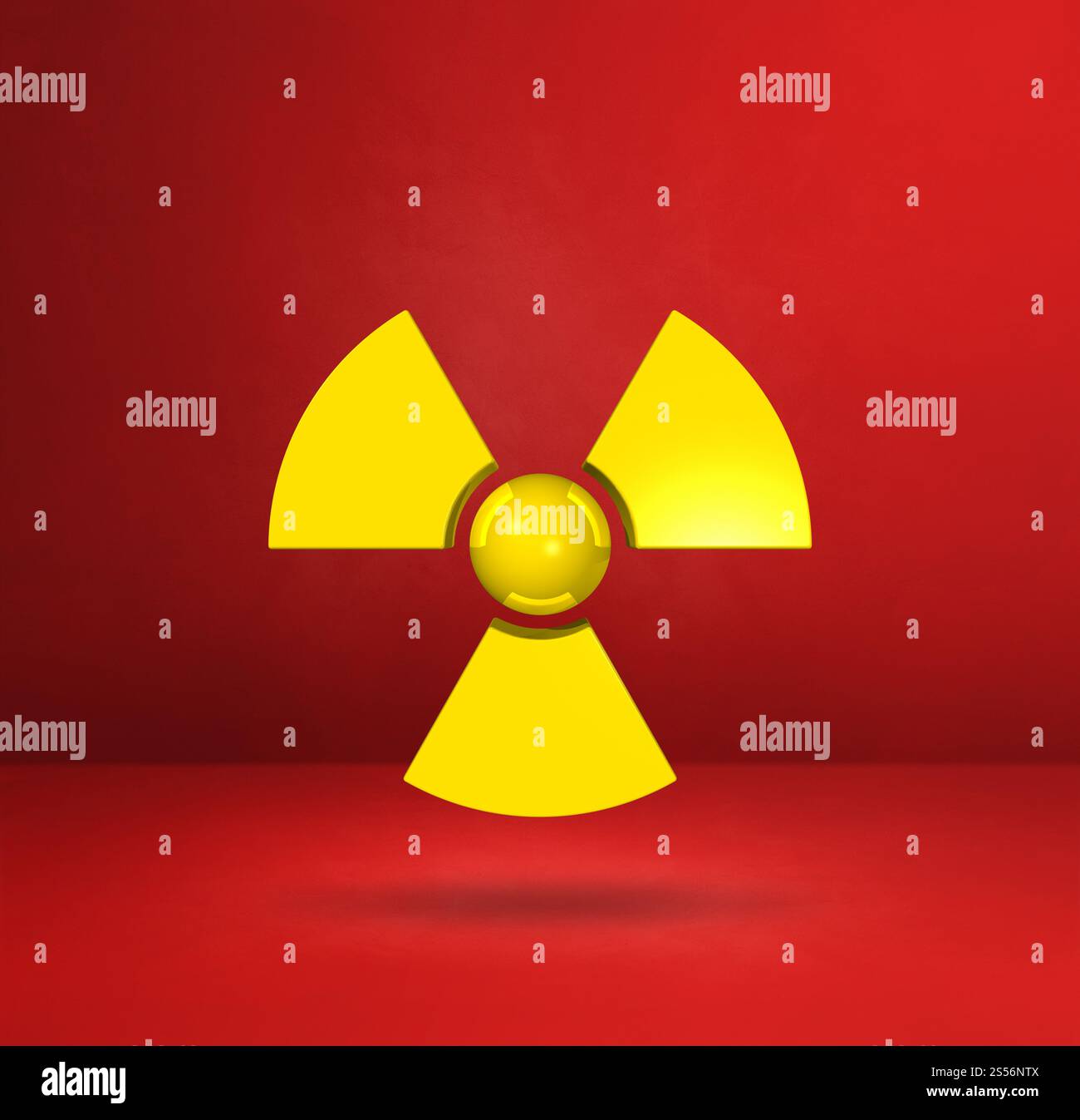 Radioactive symbol isolated on a red studio background. 3D illustration ...