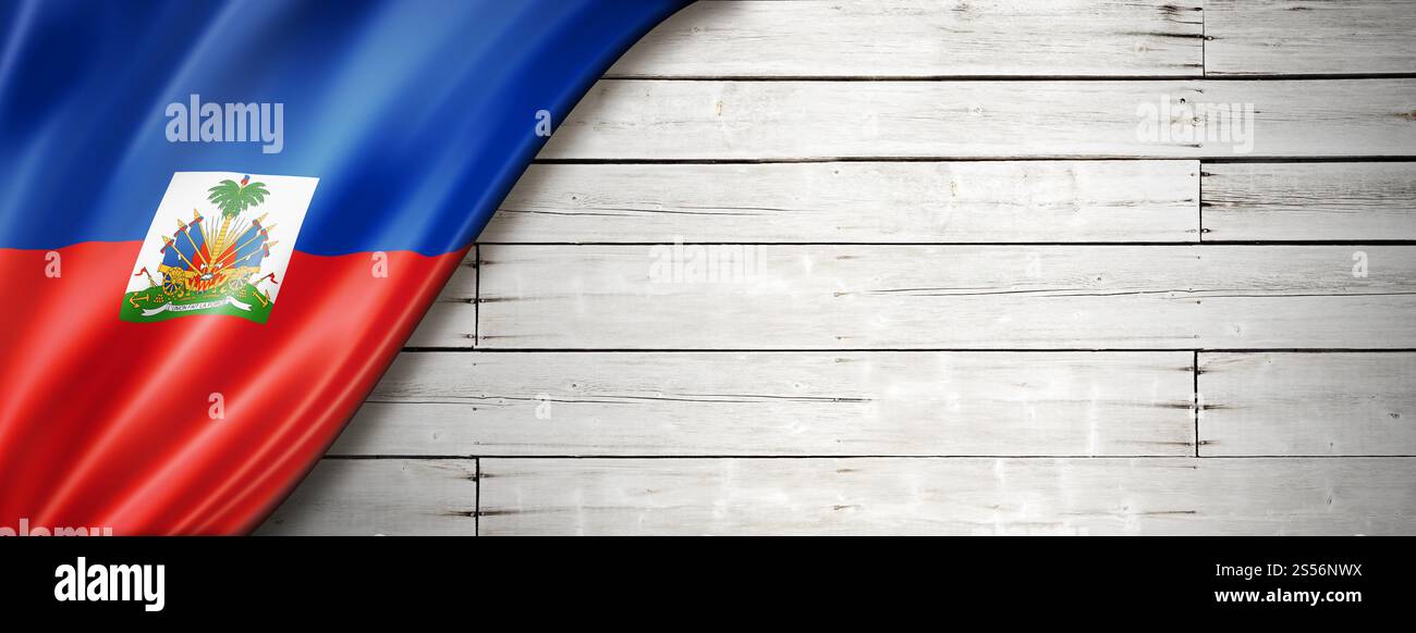 Haiti flag on old white wall. Horizontal panoramic banner. Haitian flag ...