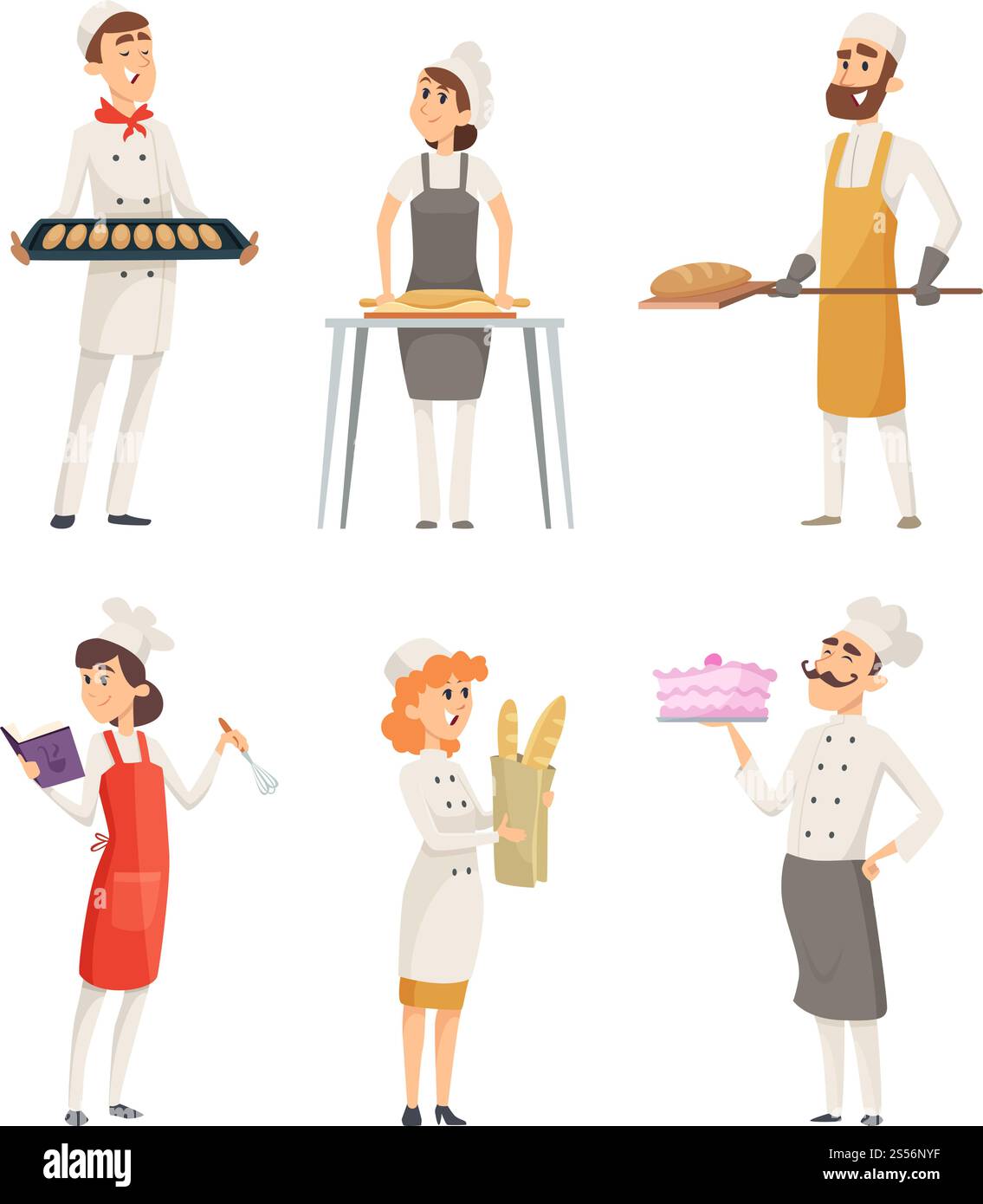 Various cartoon characters bakers at work. Character baker with food in ...