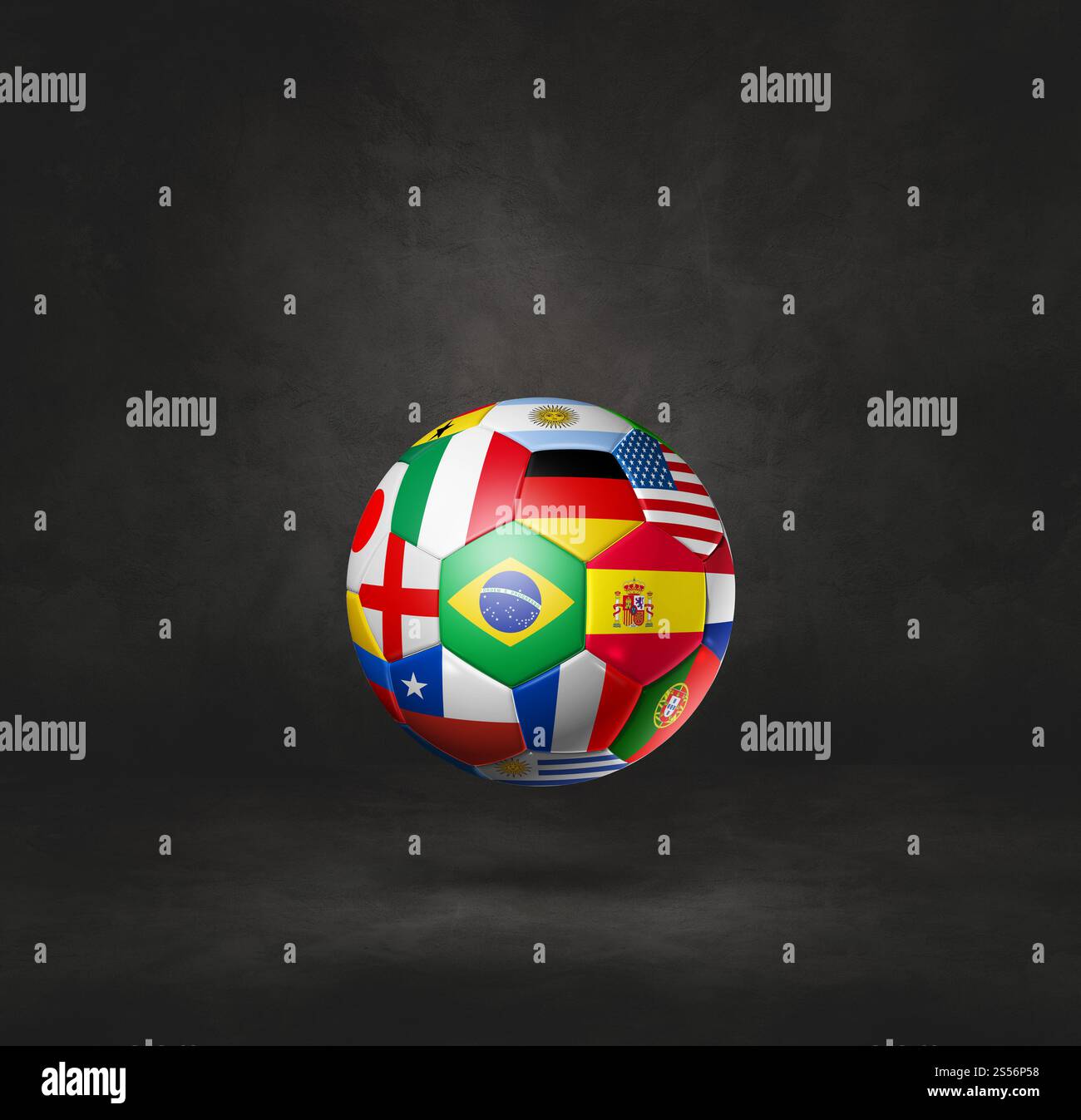 Football soccer ball with national flags isolated on a black studio ...