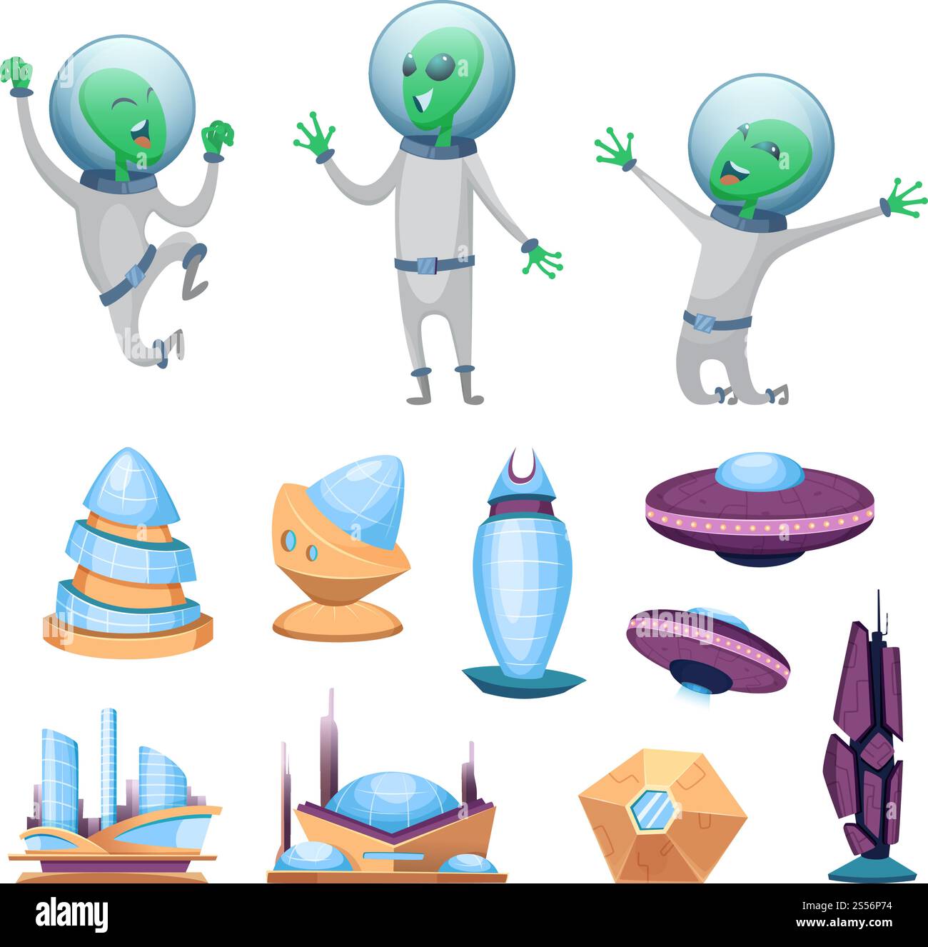 Space futuristic buildings and ufo ships. Various characters of aliens ...