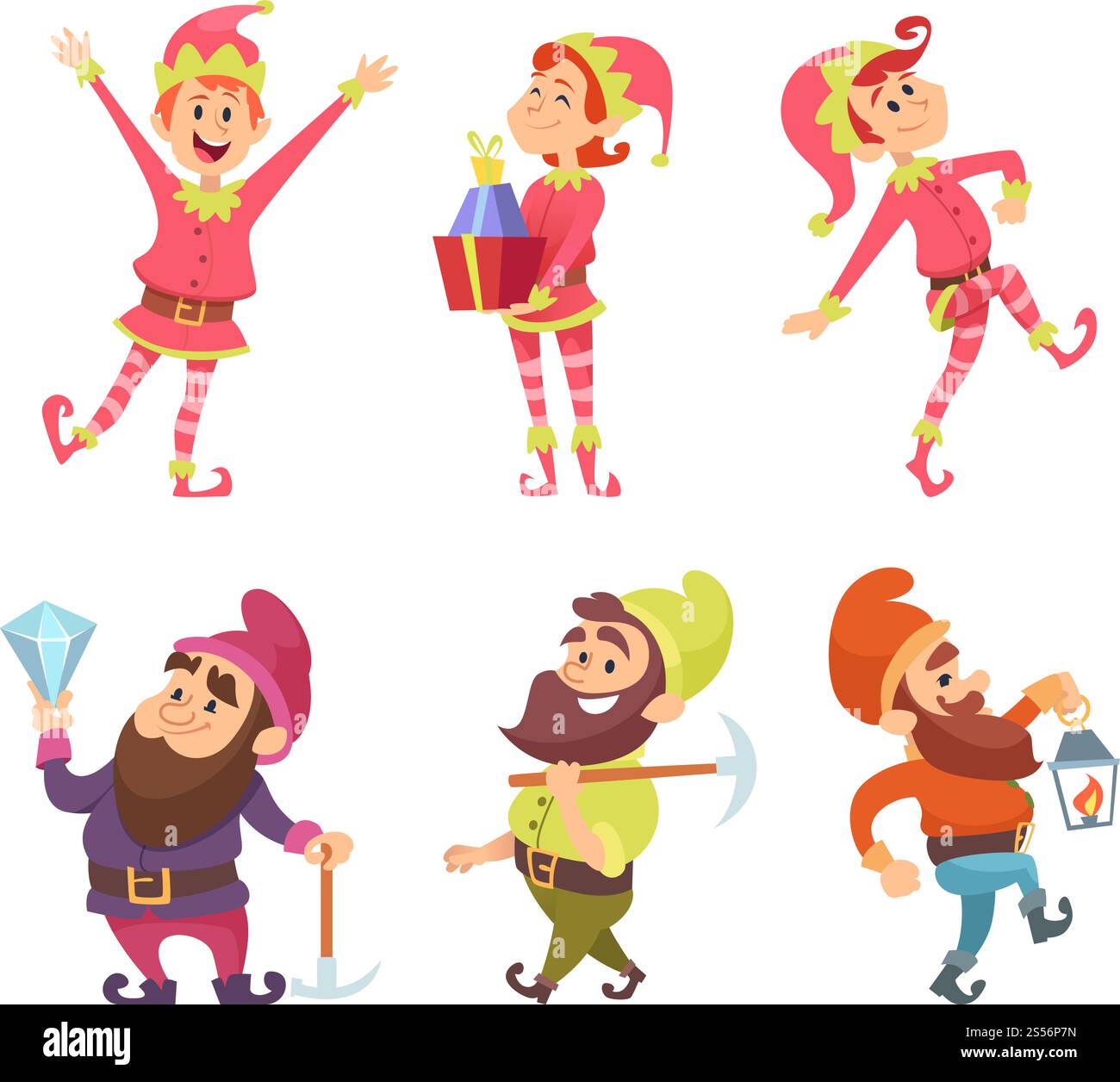 Dwarves and elves. Funny fairytale characters in dynamic poses. Vector ...