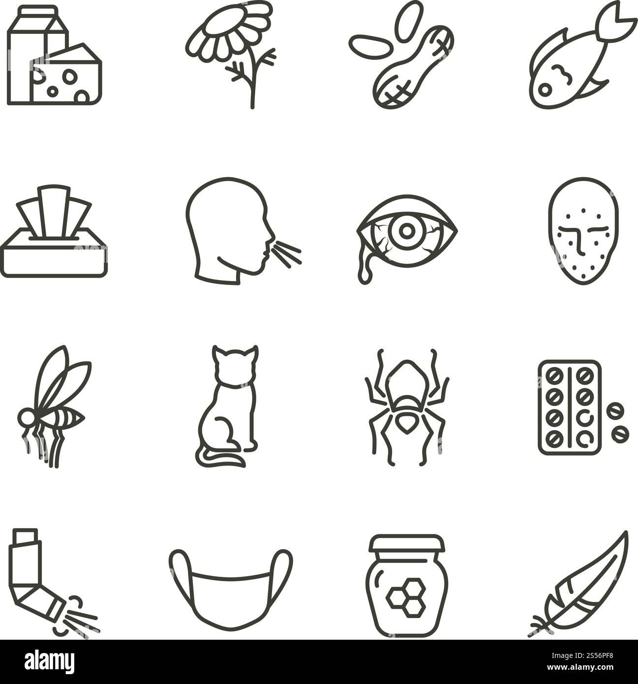 Allergy and rhinitis symptoms line icons. Allergic and allergen outline ...