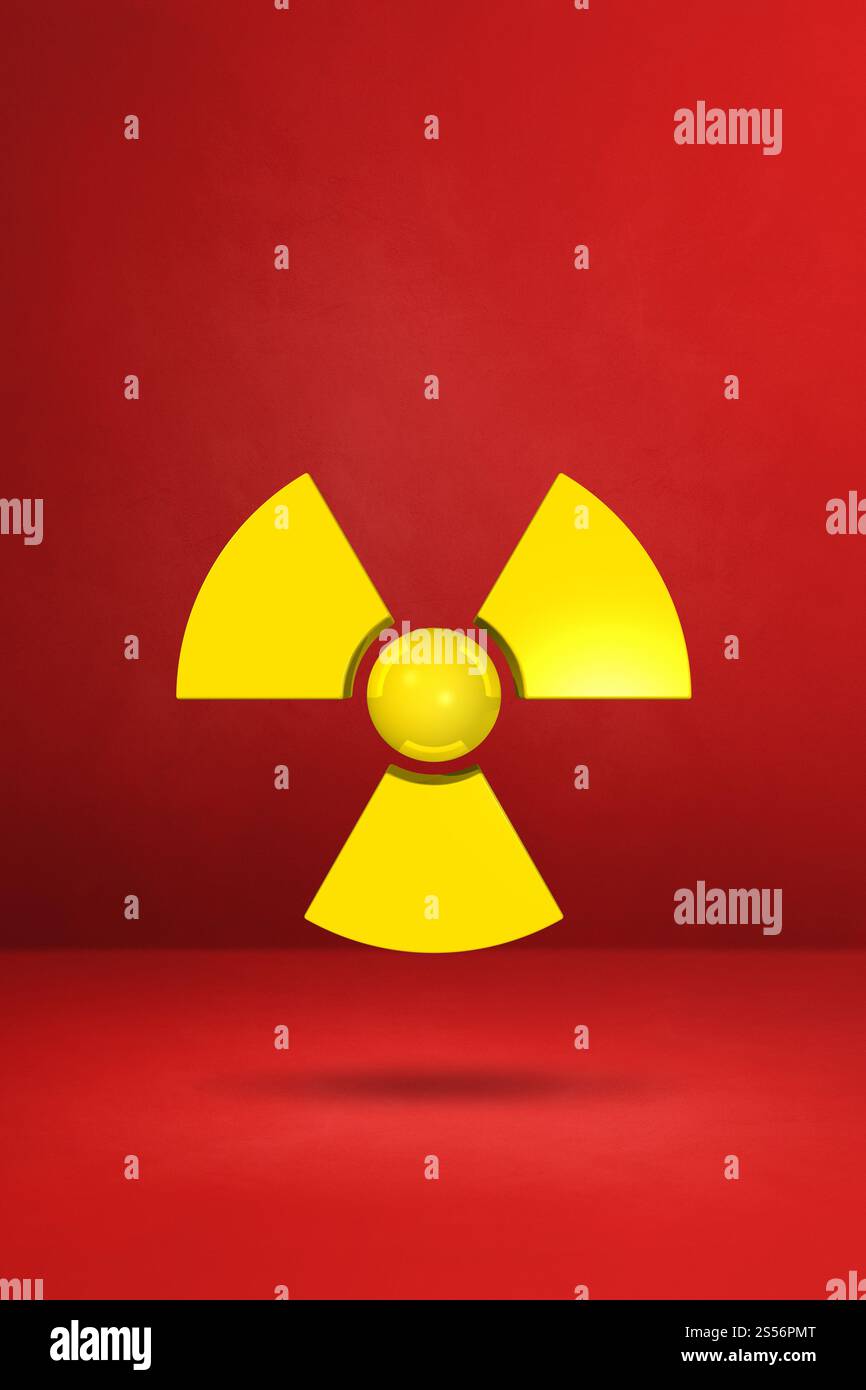 Radioactive symbol isolated on a red studio background. 3D illustration ...