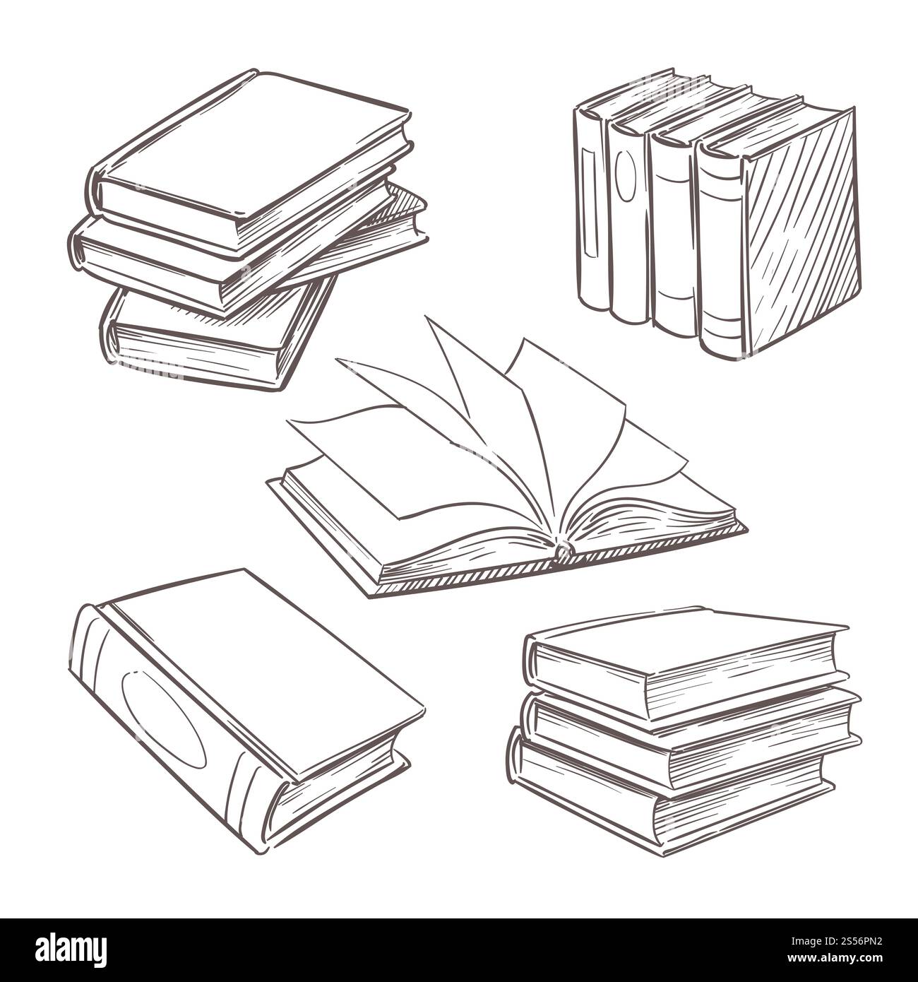 Hand drawn vintage books. Sketch book piles. Library, bookshop vector ...