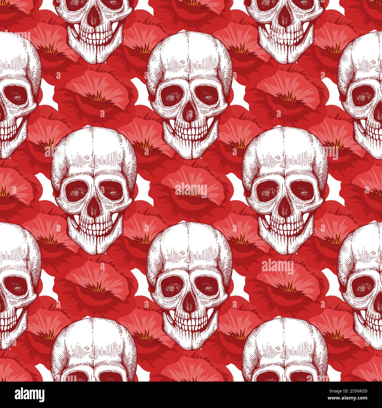 Human skull sketch and red poppy flowers seamless pattern illustration ...