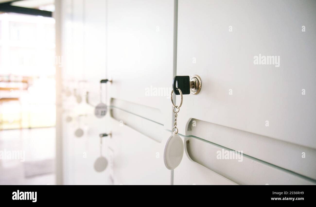 Key in keyhole on locker door. Keys stuck in a lock Space for text ...