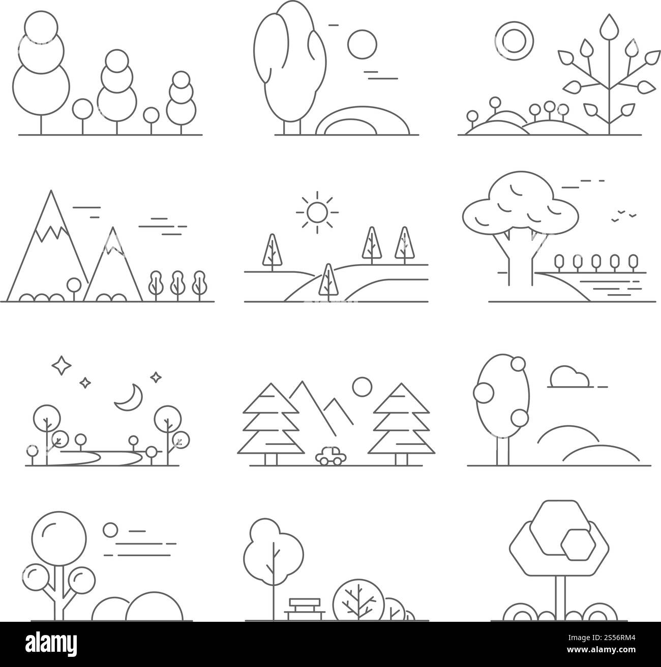 Landscape outline. Mono line symbols of trees and outdoor parks. Sketch ...