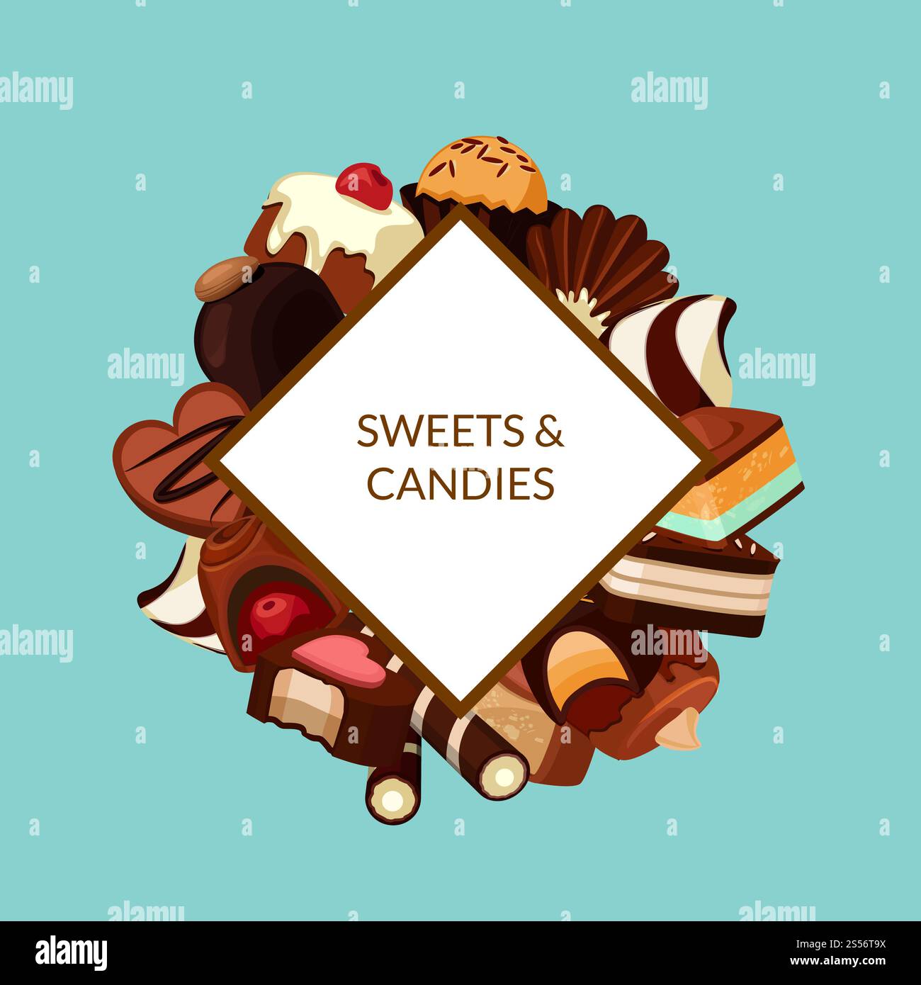 Vector cartoon chocolate candies under romb with place for text ...