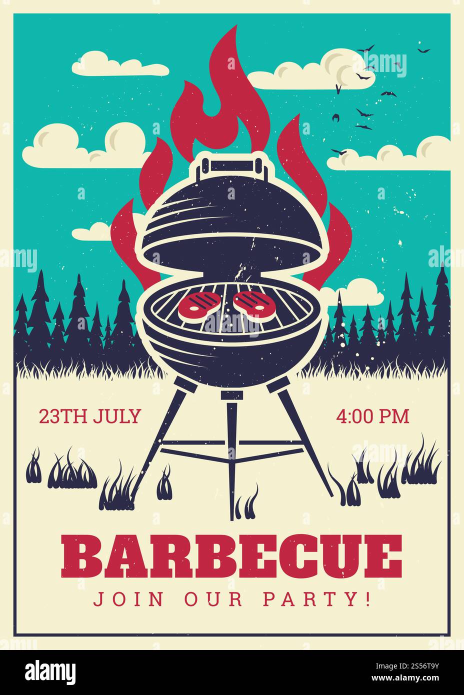 Vintage bbq grill party poster. Delicious grilled burgers, family ...