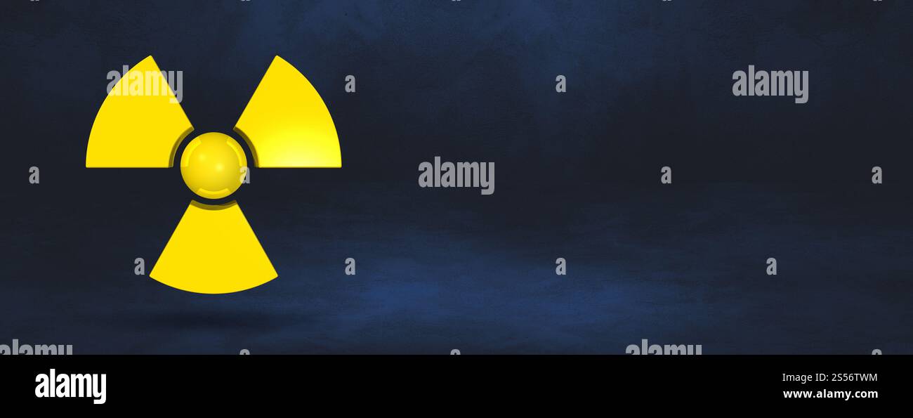 Radioactive symbol isolated on a dark blue studio background banner. 3D ...