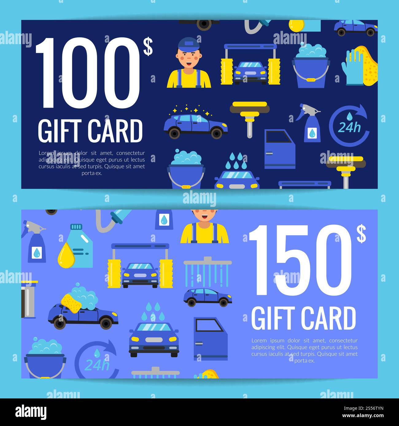Vector discount or gift card voucher templates with car wash flat icons ...