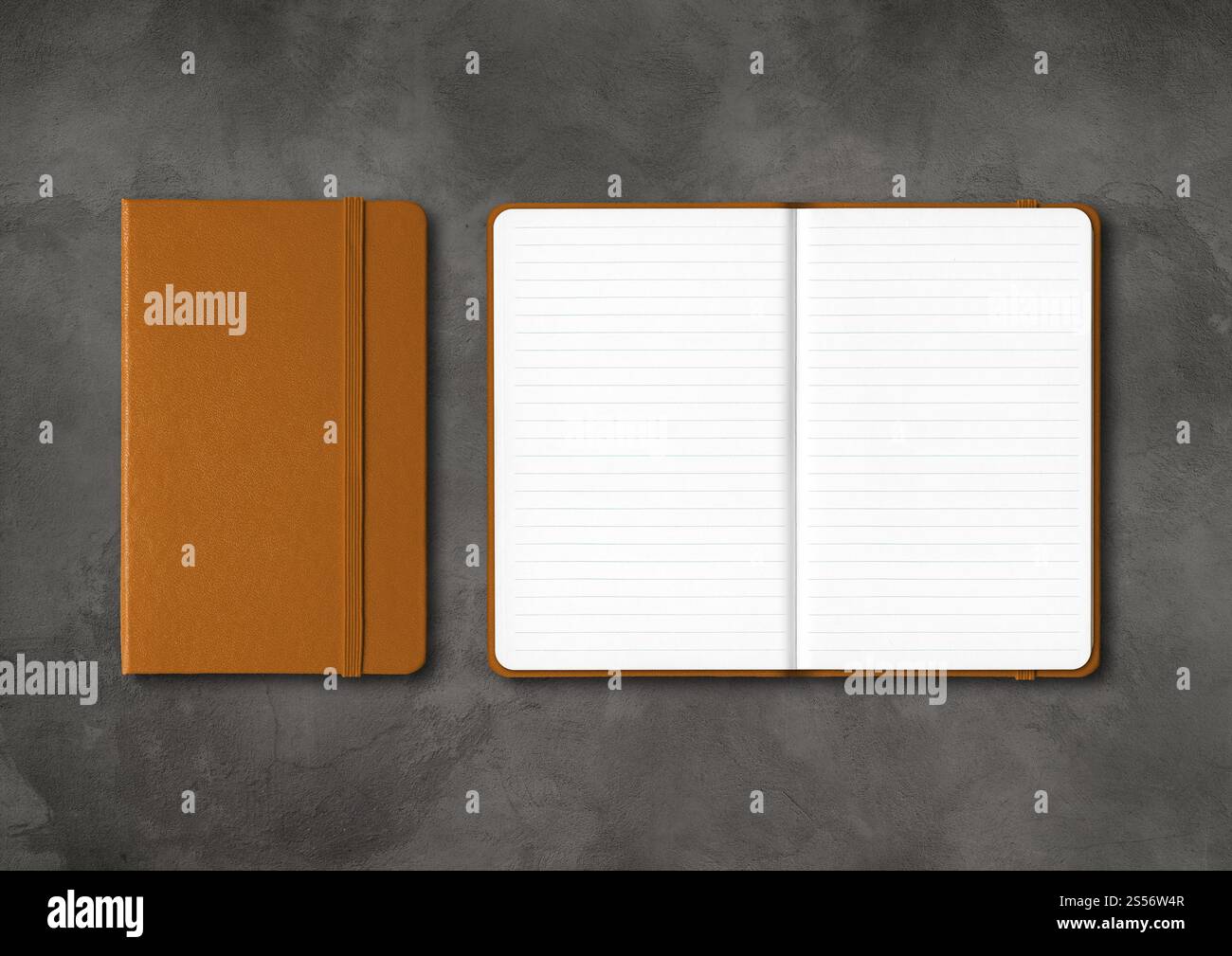Leather closed and open lined notebooks mockup isolated on dark ...