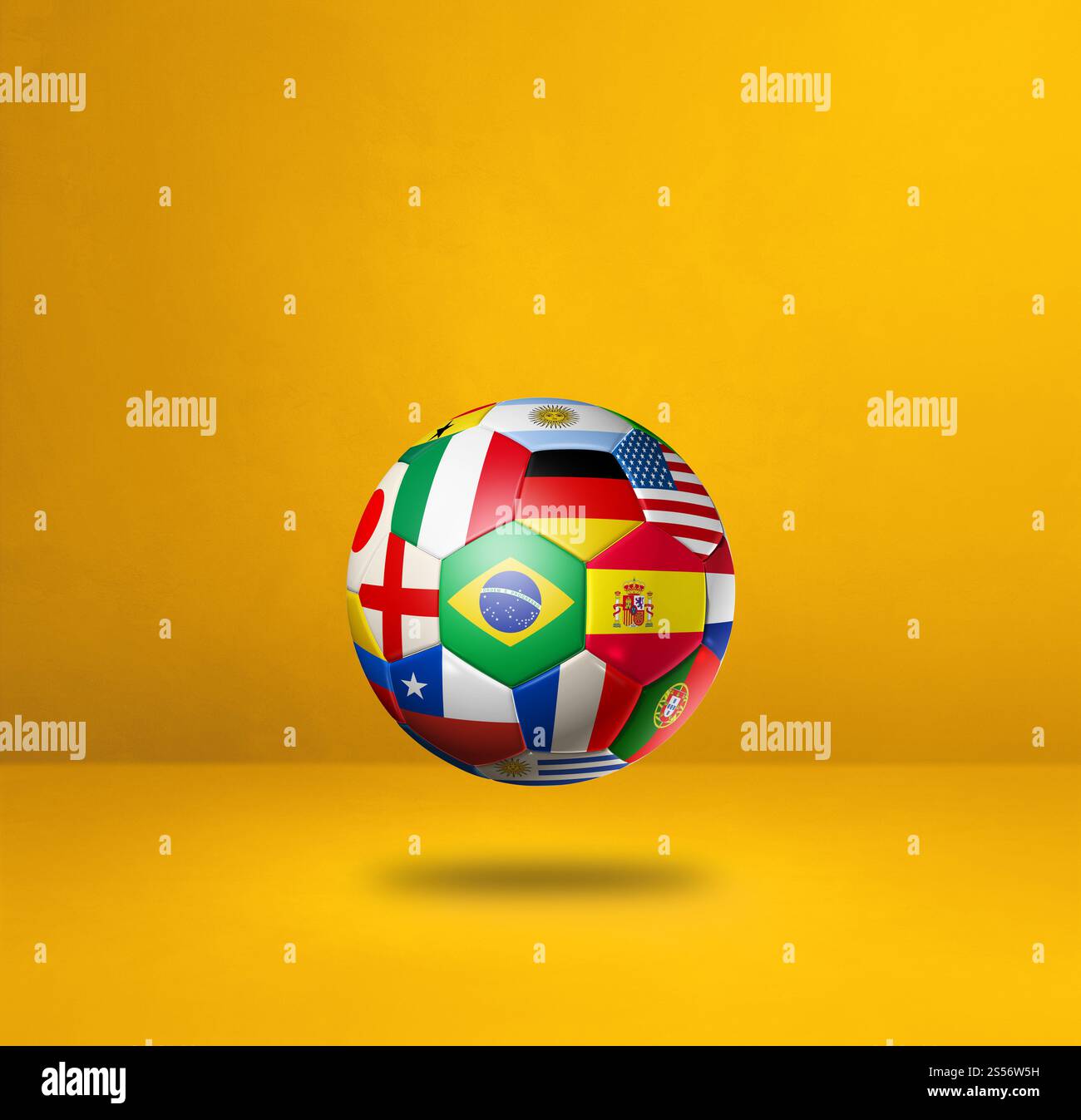 Football soccer ball with national flags isolated on a yellow studio ...