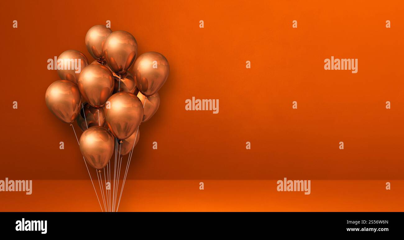 Copper balloons bunch on orange wall background. Horizontal banner. 3D ...