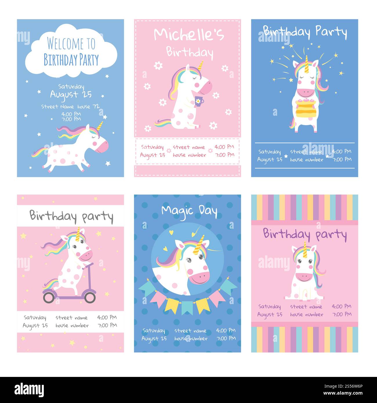 Cards invitations. Design template cards with pictures of cute unicorns ...