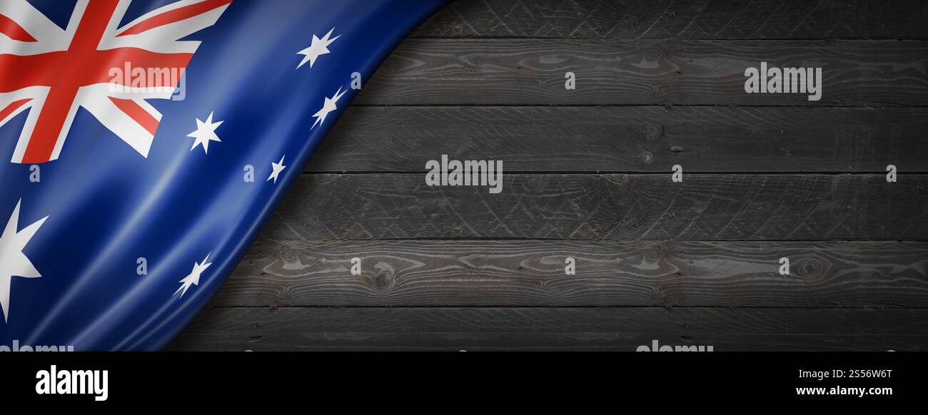 Australia flag on black wood wall. Horizontal panoramic banner ...