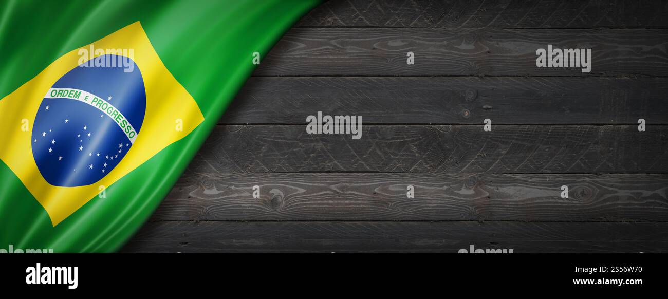 Brazil flag on black wood wall. Horizontal panoramic banner. Brazilian ...