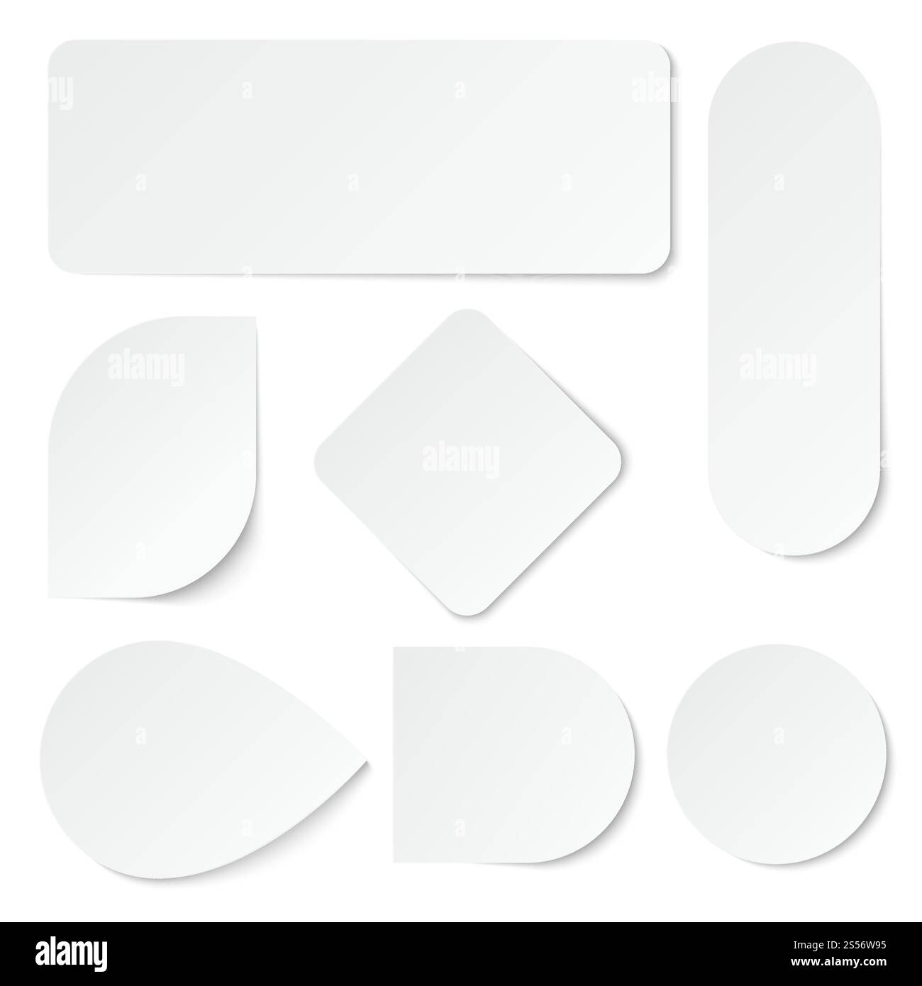 White paper stickers. Blank labels, tags in rectangular and round shape ...