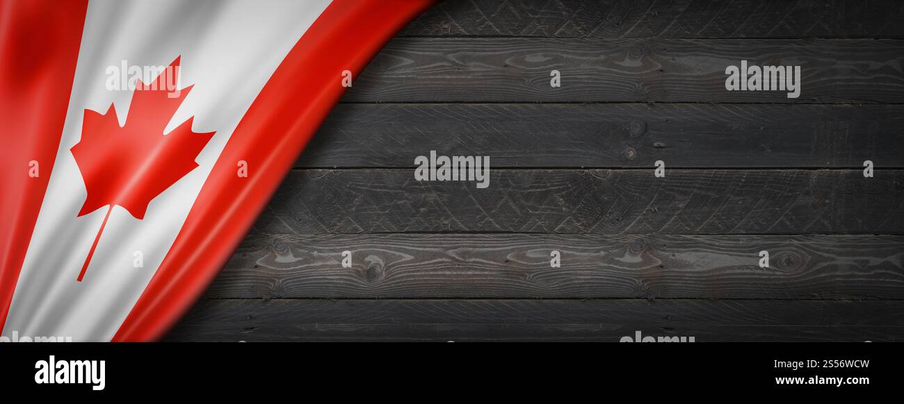 Canada flag on black wood wall. Horizontal panoramic banner. Canadian ...