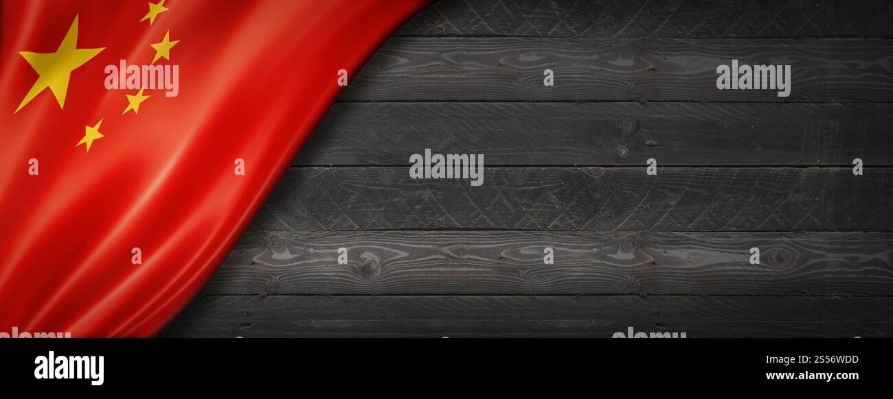 China flag on black wood wall. Horizontal panoramic banner. Chinese ...