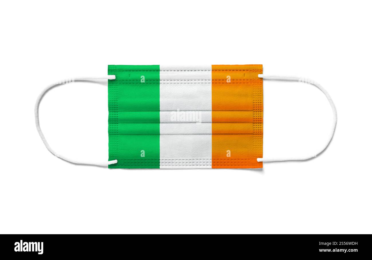Flag of Ireland on a disposable surgical mask. White background ...