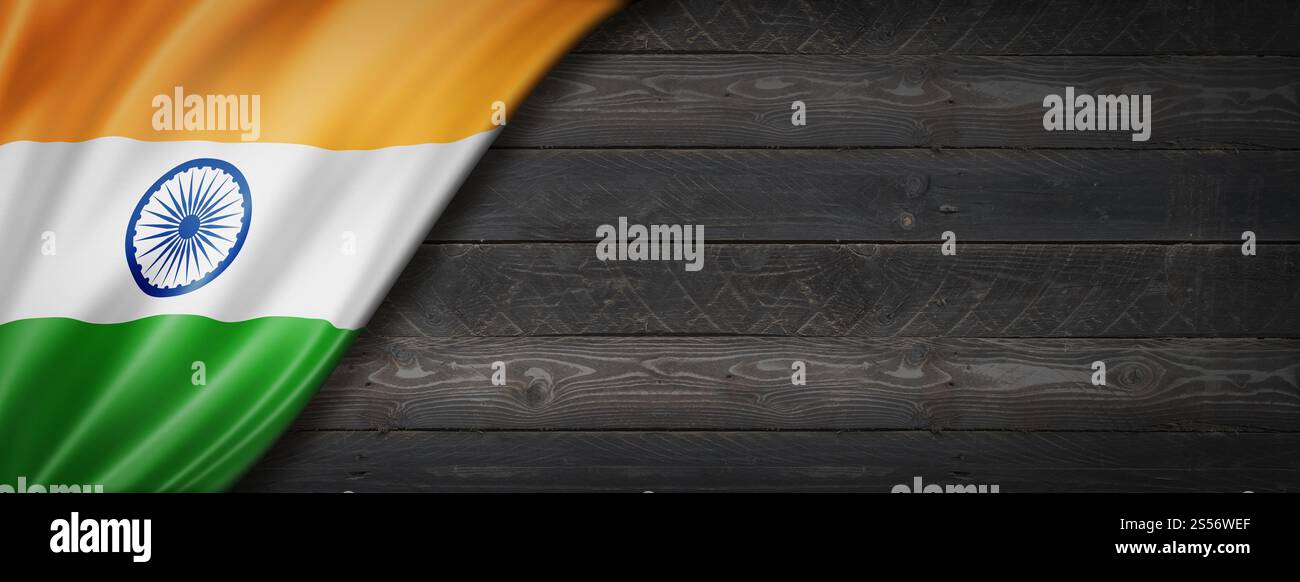 India flag on black wood wall. Horizontal panoramic banner. Indian flag ...