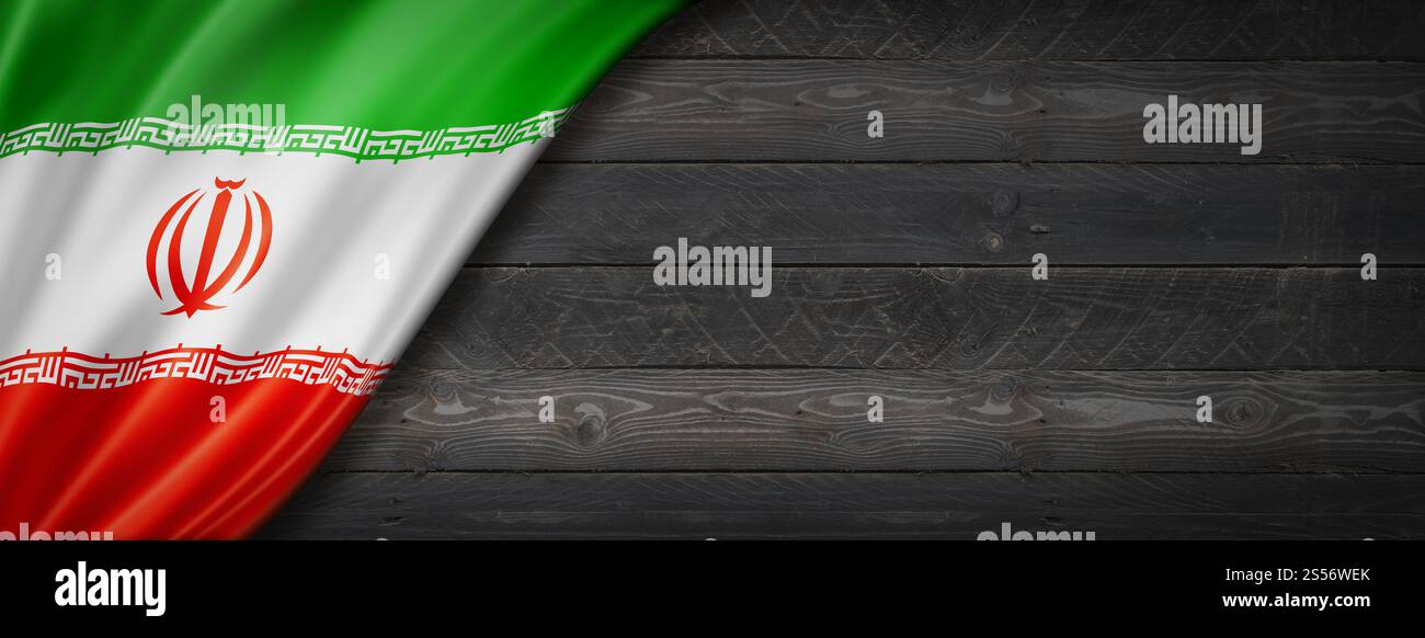 Iran flag on black wood wall. Horizontal panoramic banner. Iranian flag ...
