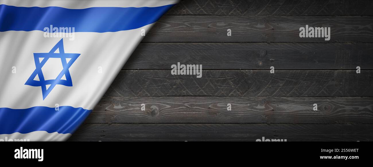 Israel flag on black wood wall. Horizontal panoramic banner. Israeli ...
