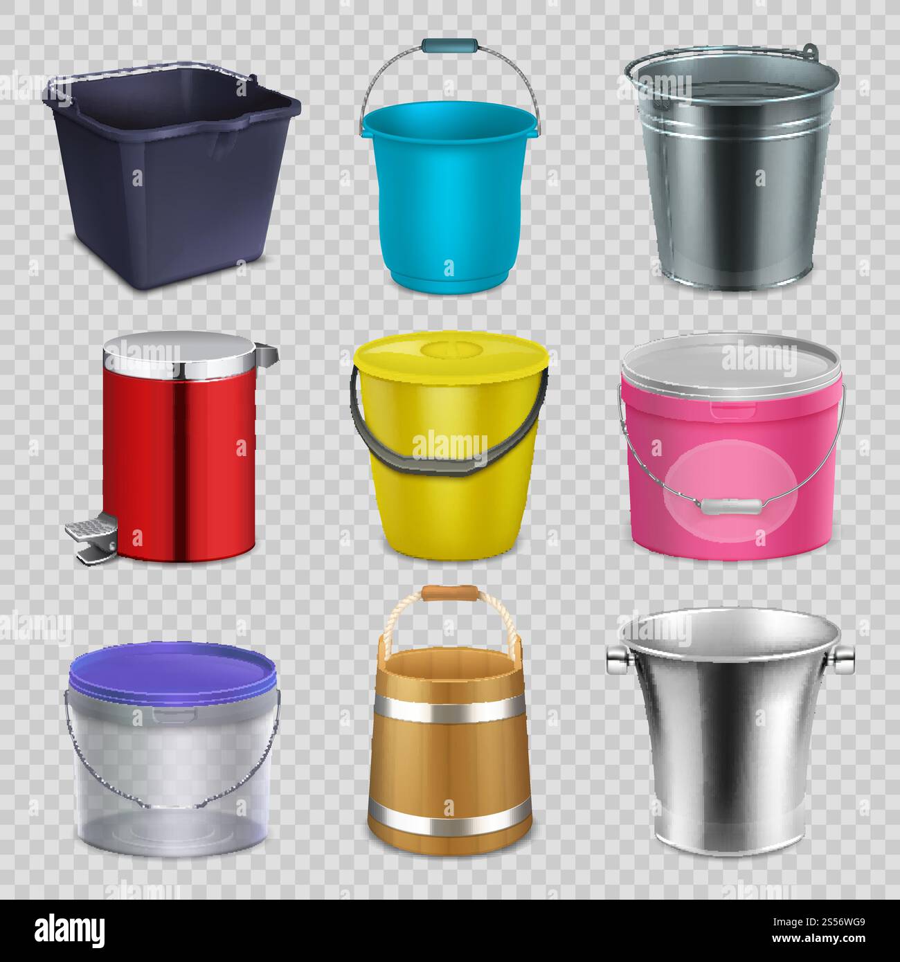Realistic metal and plastic buckets with handle and bowls. Household ...