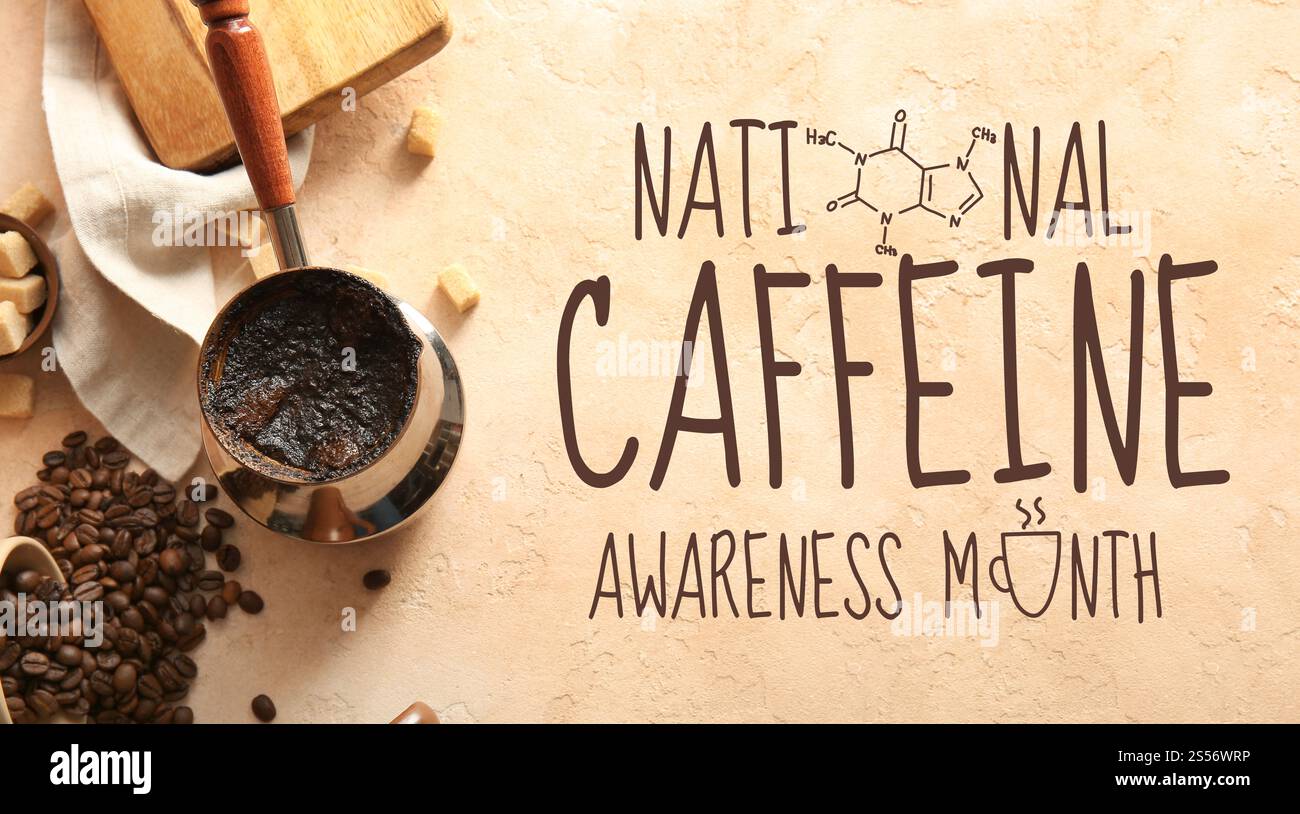 Composition with coffee beans and cjezve on beige background. Banner ...