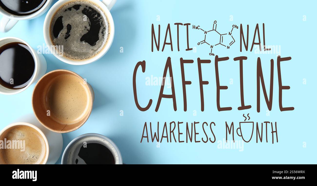 Many cups of hot coffee on light blue background. Banner for National ...
