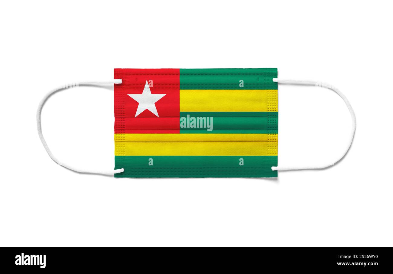 Flag of Togo on a disposable surgical mask. White background isolated ...