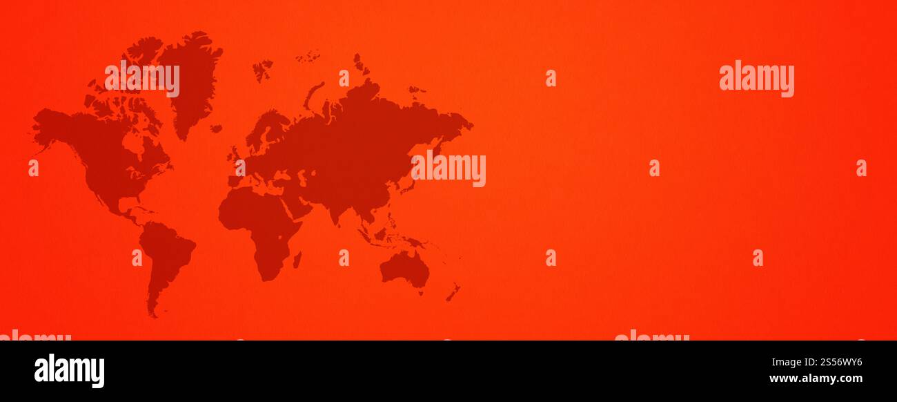 World map isolated on red wall background. Horizontal banner. World map ...