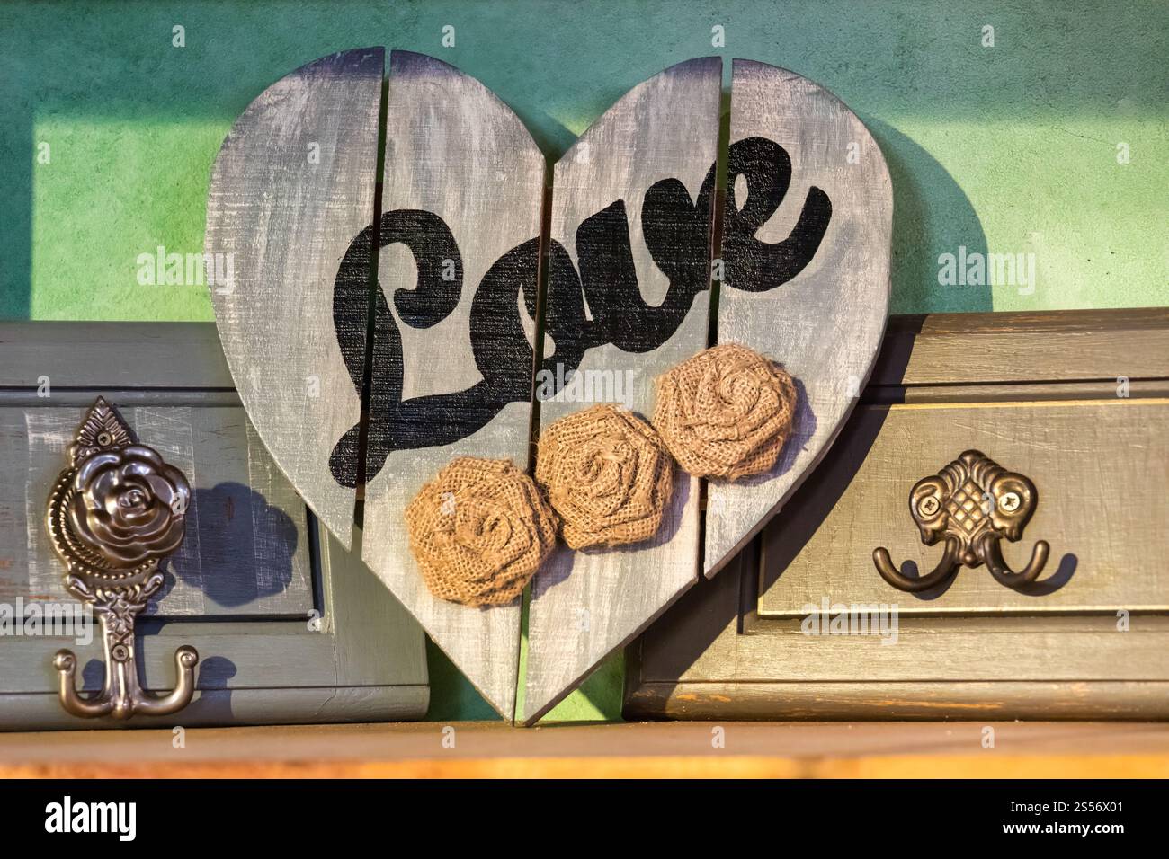 heart love sign rustic wood plank board and hanger hooks Stock Photo ...