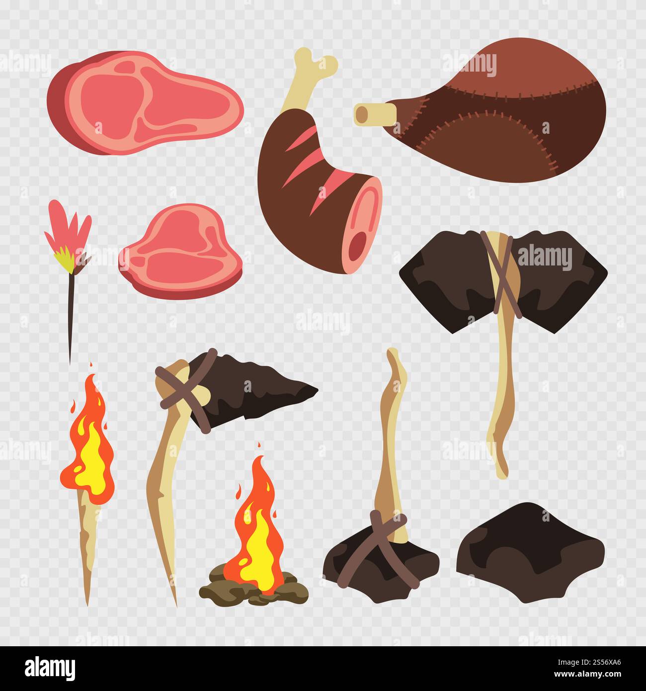 Cartoon neolithic tools and meats, weapons isolated on transparent ...