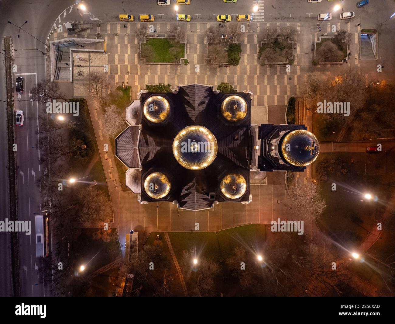 Top-down drone view of Varna's Cathedral of the Assumption at night ...