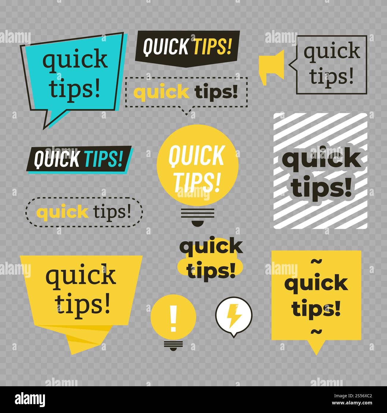 Quick tips, helpful tricks logos, emblems and banners vector set ...