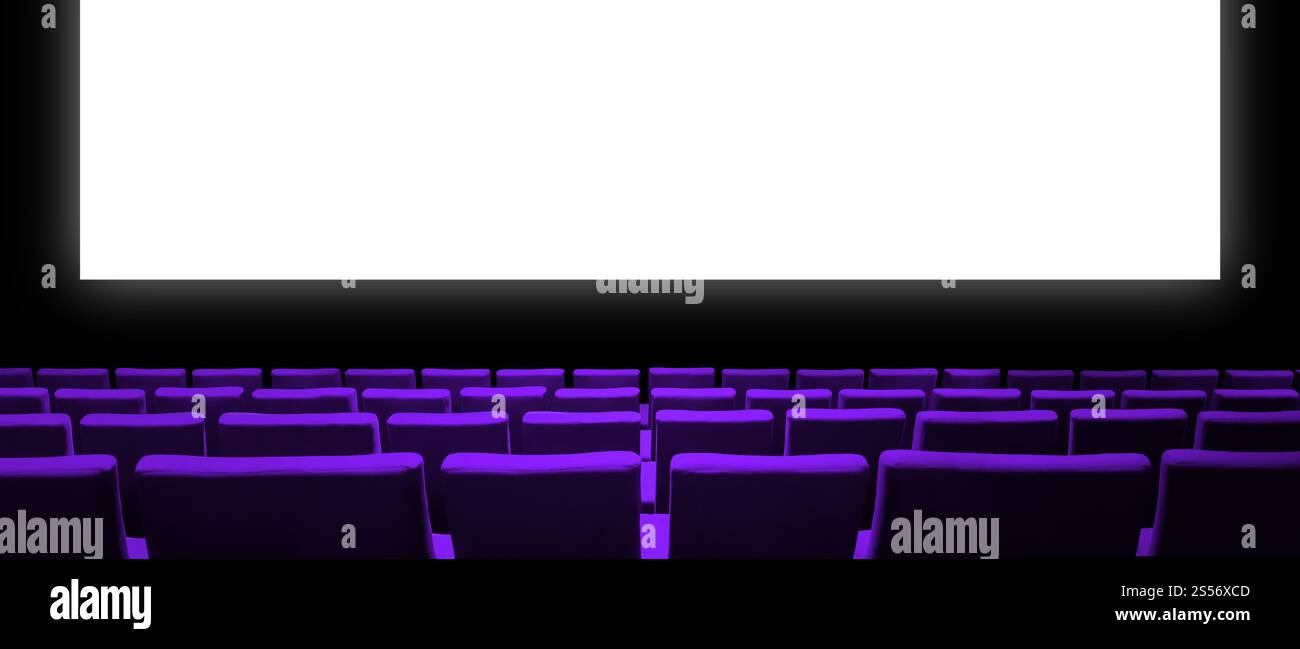 Cinema movie theatre with purple velvet seats and a blank white screen ...